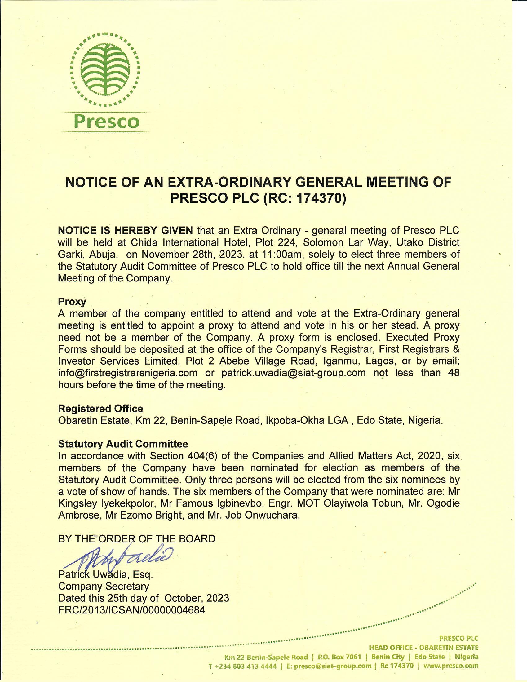 Notice of Extra - Ordinary General Meeting of Presco PLC - Presco Plc